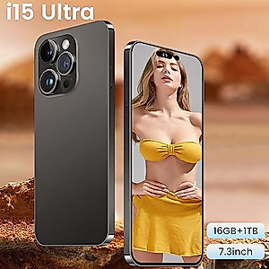 RAYPUR Unlocked Cheap Smart Phone for i15 Ultra, Android 5G Global Version Mobile Phones, 7.3Inch Incell HD Capsule Screen, Support Face Recognition,Black-1TB