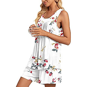 TAOHUADAO Womens Summer 2 Piece Pajama Sets, Sleeveless Pleated Tunic Tops with Comfy Shorts, Lounge Sleepwear Ladies Pjs Sets with Pockets XL, Floral White