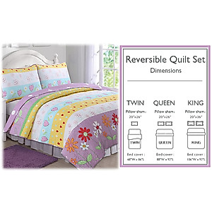 Cozy Line Home Fashions Floral Heart Print Reversible Girl Bedding Quilt Set, Bedspread, Coverlet (Flower Garden, Queen - 3 Piece)