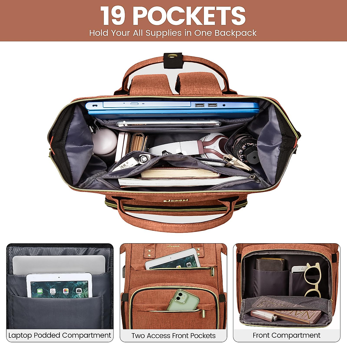 LOVEVOOK Laptop Backpack for Women,15.6 Inch Professional Womens Travel Backpack Purse Computer Laptop Bag Nurse Teacher Backpack,Waterproof College Work Bags Carry on Back Pack with USB Port,Orange