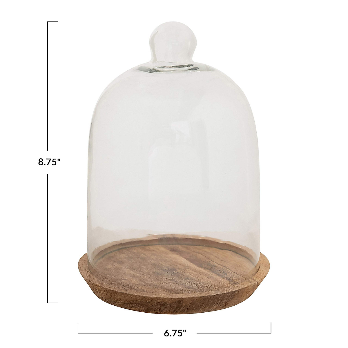 Creative Co-Op Glass Mango Wood Base Cloche, 6-3/4" Round x 8-3/4"H, Clear