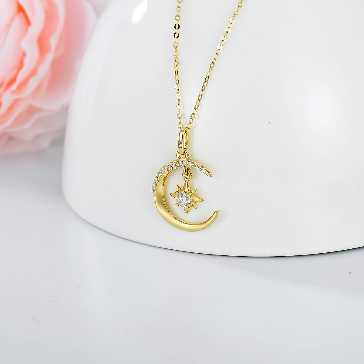 SISGEM 14k Gold Moon Necklace for Women, Real Gold Moon and North Star Pendant with Chain, Jewelry Gifts for Her, 16+1+1 Inch