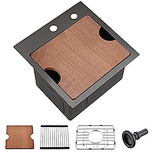 18 Inch Black Bar Sink Drop In Workstation-VASOYO 18x18 Drop In Bar Sink Black Stainless Steel Bar Prep Sink Topmount Outdoor Rv Kitchen Sink Single Bow Wet Bar Sink with Cutting Board