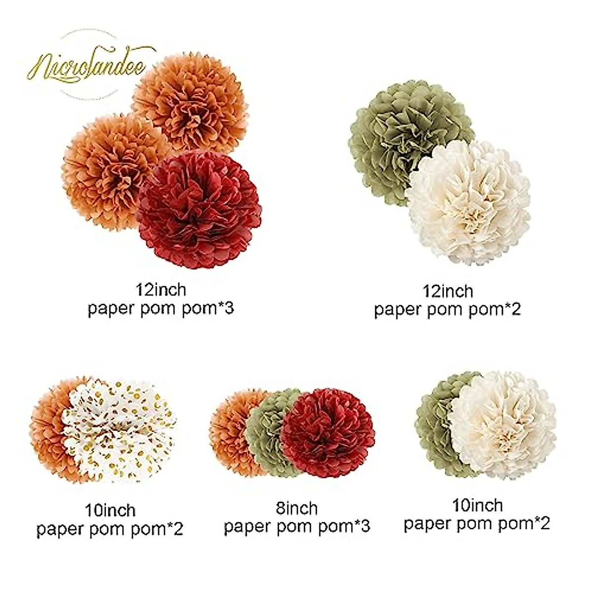 NICROLANDEE Fall Party Decorations, 12 PCS Pumpkin Orange Burgundy Sage Green Ivory Tissue Pom Poms Thanksgiving Decor for Home, Wedding, Birthday, Autumn Harvest Party Supplies