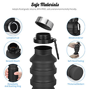 Nefeeko Collapsible Water Bottle, Reuseable BPA Free Silicone Foldable Bottles for Travel Gym Camping Hiking, Portable Leak Proof Sports Water Bottle with Carabiner
