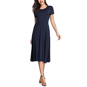 Urban CoCo Women's Vintage Short Sleeve High Waist Flared Midi Casual Summer Dress Navy Blue