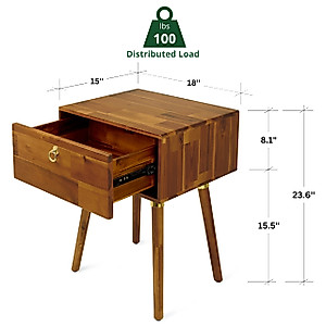 Bme Alden Solid Wood Nightstand/Side Table/End Table, Fully Assembled, with 1-Drawer for Mid Century Bedroom and Living Room, (12mm), Caramel