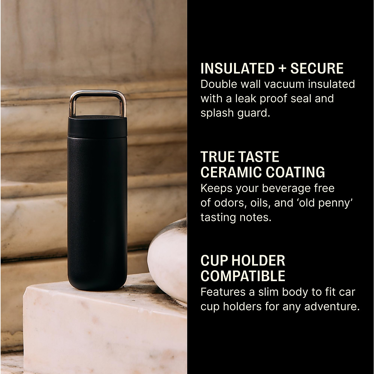 Fellow 20 oz Carter Carry Vacuum Insulated Tumbler for Water, Tea, Coffee, Smoothies, & more - Stainless Steel - Keeps Heat for 12 Hours/Stays Cold for 24 Hours-Leak-Proof Seal-Slim Width-Matte Black
