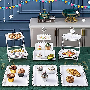10 Pcs Cake Stand White Plastic Dessert Table Stand Set 4 Pcs 3 Tire Cupcake Display Stands Cookie Tray Rack Serving Tray Cake Display Tower and 6 Pcs Dessert Trays for Wedding Baby Shower Tea Party