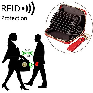 PEIQICHU Red Credit Card Holder 14 Slots Soft PU Leather Card Case Card Protector Metal Zipper With Keychain Men & Women RFID Blocking Small Wallet for ID Card Credit Cards