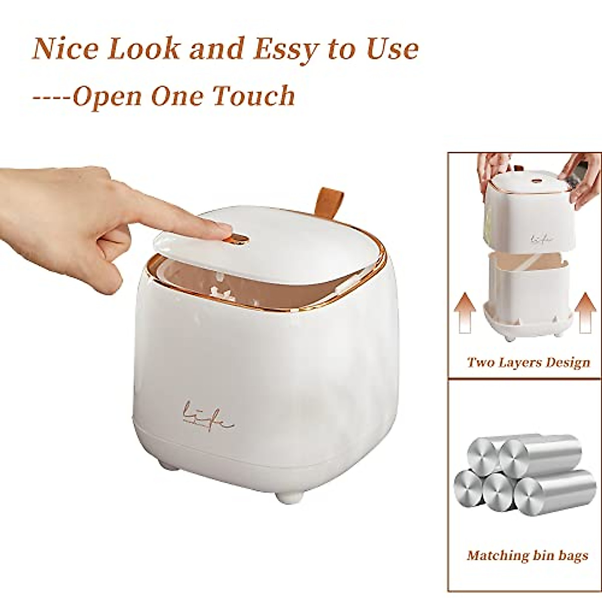 Mini Countertop Trash Can with 5 Rolls of Trash Bags, Waste Can with Press Type Lid, 0.5 Gallon/1.5 Liter Wastebasket Trash Can Dispenser, Mini Bin for Bathroom Vanity,Coffee Table (White)