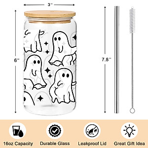 Lovearth Halloween Ghost Glass Tumbler, Cute Halloween Glass Cup with Lid and Straw, 16oz Iced Coffee Cup, Spooky Gifts, Boo Basket Stuffers for Women, Men, Teens, Gifts for Halloween Lovers