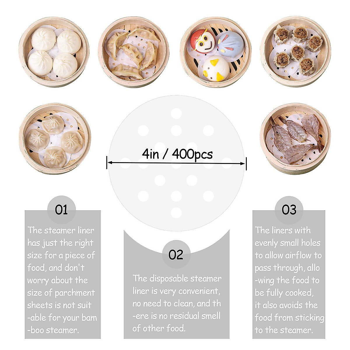 400Pcs Small Bamboo Steamer Liners, Non-stick Mini Steam Paper for Steamed Buns Dumplings(4in)