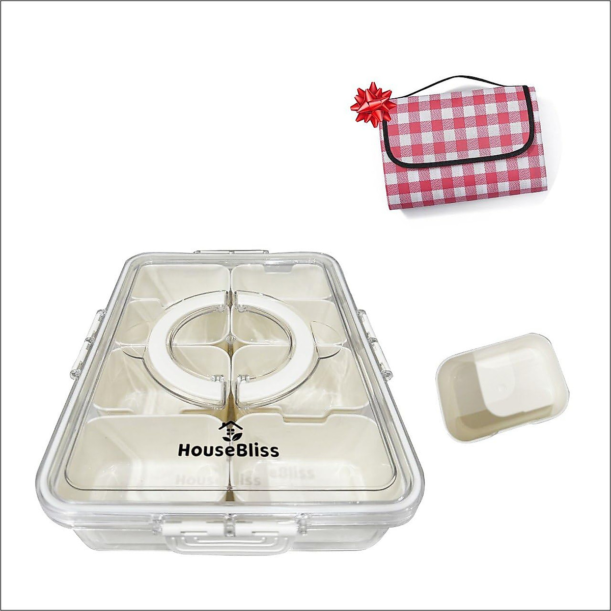 HouseBliss Divided Serving Tray with Lid and Handle, Portable Snackle Box Charcuterie Container, 8 Compartment Snack Divider Container for Candy, Fruits, Nuts, Perfect for Party, Picnic, Cream