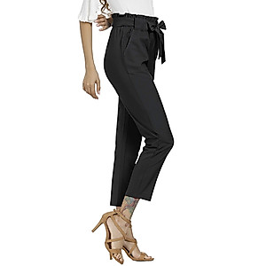 Freeprance Women's Pants Casual Trouser Paper Bag Pants Elastic Waist Slim Pockets XBK M Black