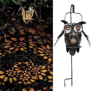 JCWH Fake Owl Solar Light,Auto On-Off Black Metal Waterproof,Animal Statue Decorative with Sheep Hook for Garden Backyard