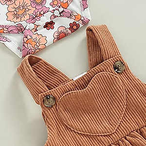 Baby Girl Fall Clothes Cute Graphic Long Sleeve Romper Bodysuit and Corduroy Suspender Skirt Suit for 3 6 9 12 18 Months (A Brown, 12-18 Months)
