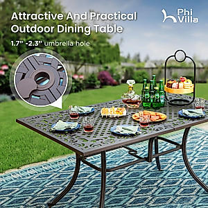 PHI VILLA Cast Aluminum Patio Dining Set for 6 Person, 7 Piece Outdoor Patio Set with 63" x 37.4" Cast-Top Aluminum Table(2.3" Umbrella Hole) and 6 Swivel Rockers Dining Chairs with Cushions