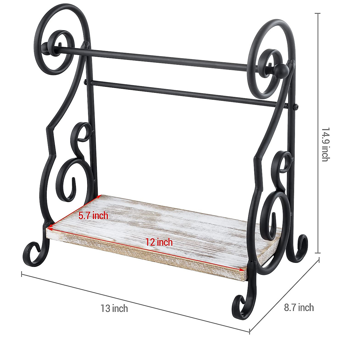 MyGift Black Metal Countertop Paper Towel Holder with Decorative Scrollwork Design and Whitewashed Wood Condiment Rack Storage Display Shelf