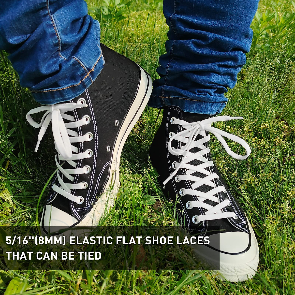 UamGlsob 2 Pairs 5/16" Wide Elastic Shoe Laces Replacement Laces for Converse High Tops Sneakers, Stretch Flat Shoelaces Shoe Strings for Vans High Tops Skate Shoes (03-White, 54'')