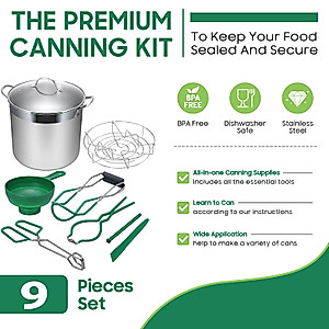 HOMKULA Water Bath Canning Pot with Rack and Lid, Steam Canner with Canning Supplies Starter Kit, 9 Pieces, Stainless Steel, Green (Induction/Glass Top Stove Compatible)
