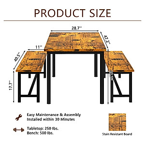 AWQM Dining Table Set with Two Benches, Kitchen Table Set for 4-6 Persons, Kitchen Table of 47.2x28.7x28.7 inches, Benches of 40.5x11.0x17.7 inches, Rustic Brown