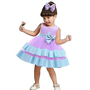 Flower Girls Bowknot Tutu Dress for Kids Baby Christening Baptism Communion Birthday Party Formal Dress Toddler Princess Pageant Wedding Bridesmaid Backless Gown + Headwear Purple + Blue 12-18 Months