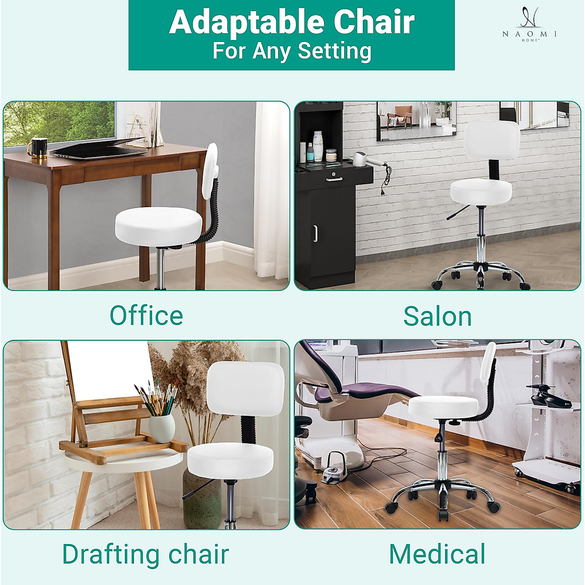 Naomi Home Mara Adjustable Stool with Wheels and Backrest, Office Rolling Stools with Wheels, PU Leather Drafting Stools,Swivel Stool with Back Rest, Small Rolling Chair, White