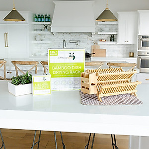All-in-1 Bamboo Dish Drying Rack Set with Utensil Holder and Microfiber Drying Mat Large Collapsible 3 Tier Wooden Dish Drying Rack Bamboo Utensil Drying Rack and 15" Dish Drying Mat.