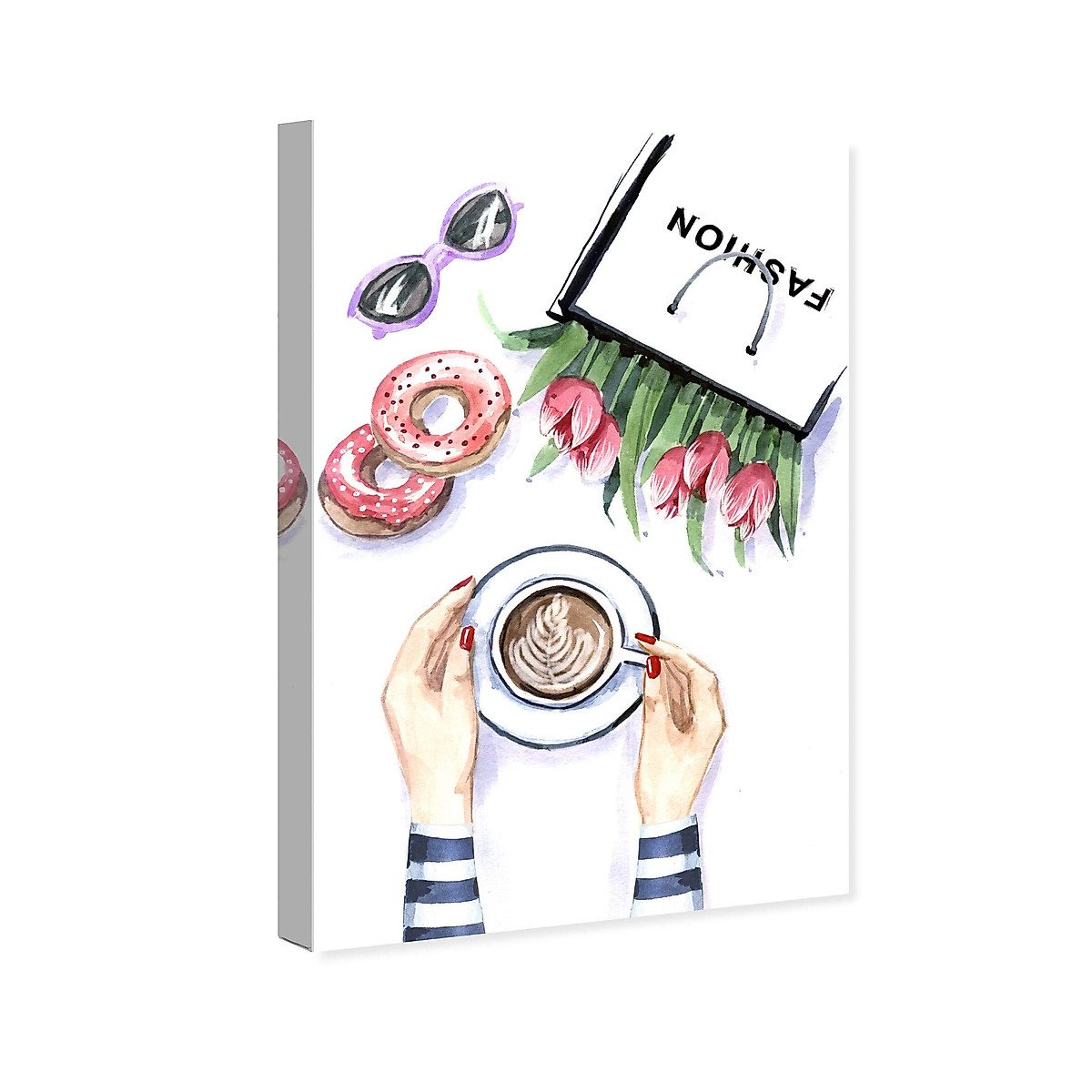 Wynwood Studio Fashion and Glam Wall Art Canvas Prints 'Coffee and Donut time' Accessories Home Décor, 16" x 24", White, Pink