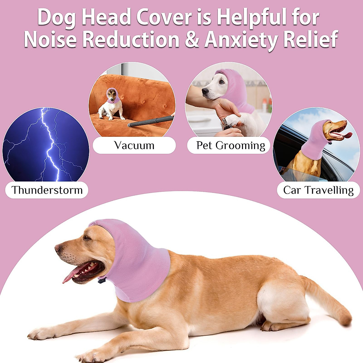 IDOMIK Dog Calming Hoodie,Ear Wraps for Dog to Calm Anxiety,Ears Head Cover for Dogs Noise Protection,Snoods for Dogs Grooming Force Drying Fireworks,Dog Ear Protector,Dog Hematoma Ear Wrap,Pink,L