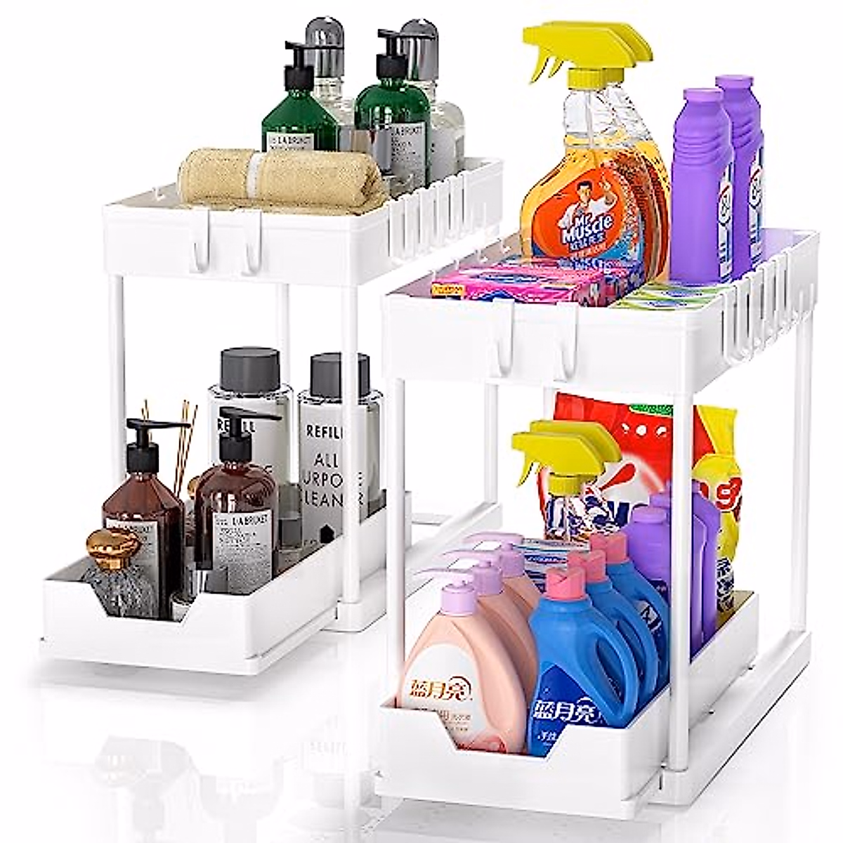ArtZON Under Sink Organizers and Storage, 2-Tier Sliding Cabinet Basket Organizer with Hooks, Multi-Purpose Under Sink Organizers and Storage for Bathroom Kitchen (White 2 Pack)