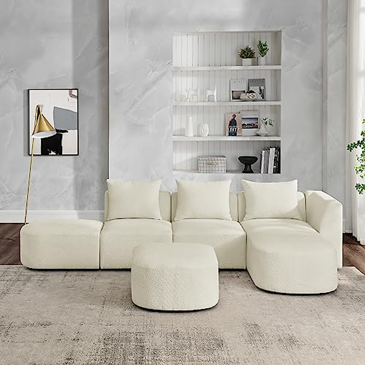 L-Shaped Sectional Sofa Couch with 2 Single Seats, Right Chaise and Movable Ottomans, Modern DIY Combination Convertible Modular Sofa & Couch Cloud Deep Seater Cozy Sofá for Living Room