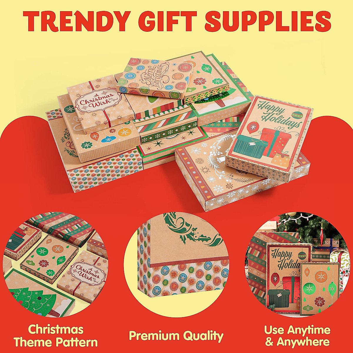 JOYIN 12 Christmas Foil Kraft Gift Boxes with 3 Sizes (Robe, Shirt and Lingerie Boxes) for Xmas Goody Gift Boxes, School Classrooms Party Favors Decoration, Holiday Present Wrap Décor