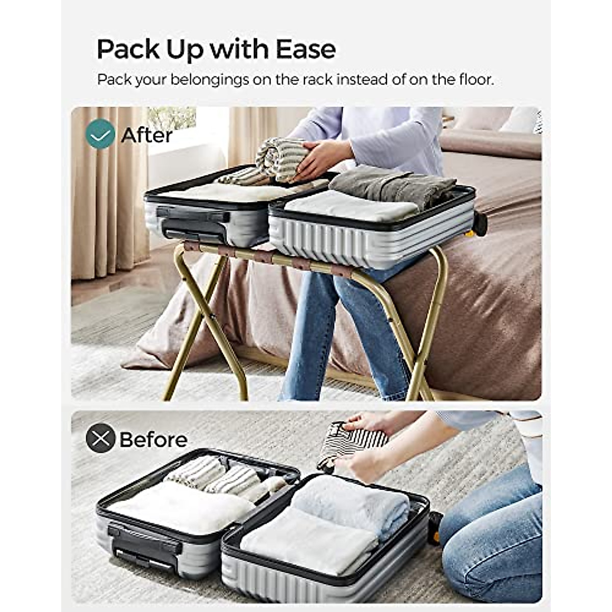 SONGMICS Luggage Rack, Luggage Rack for Guest Room, Suitcase Stand, Steel Frame, Foldable, for Bedroom, Golden URLR064A01