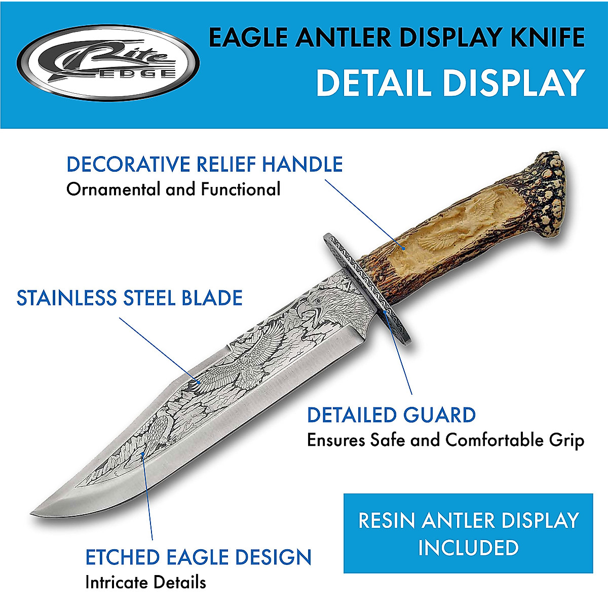Szco Supplies 15" Etched Blade Deer Outdoor Hunting Knife With Resin Antler Display Stand,Brown