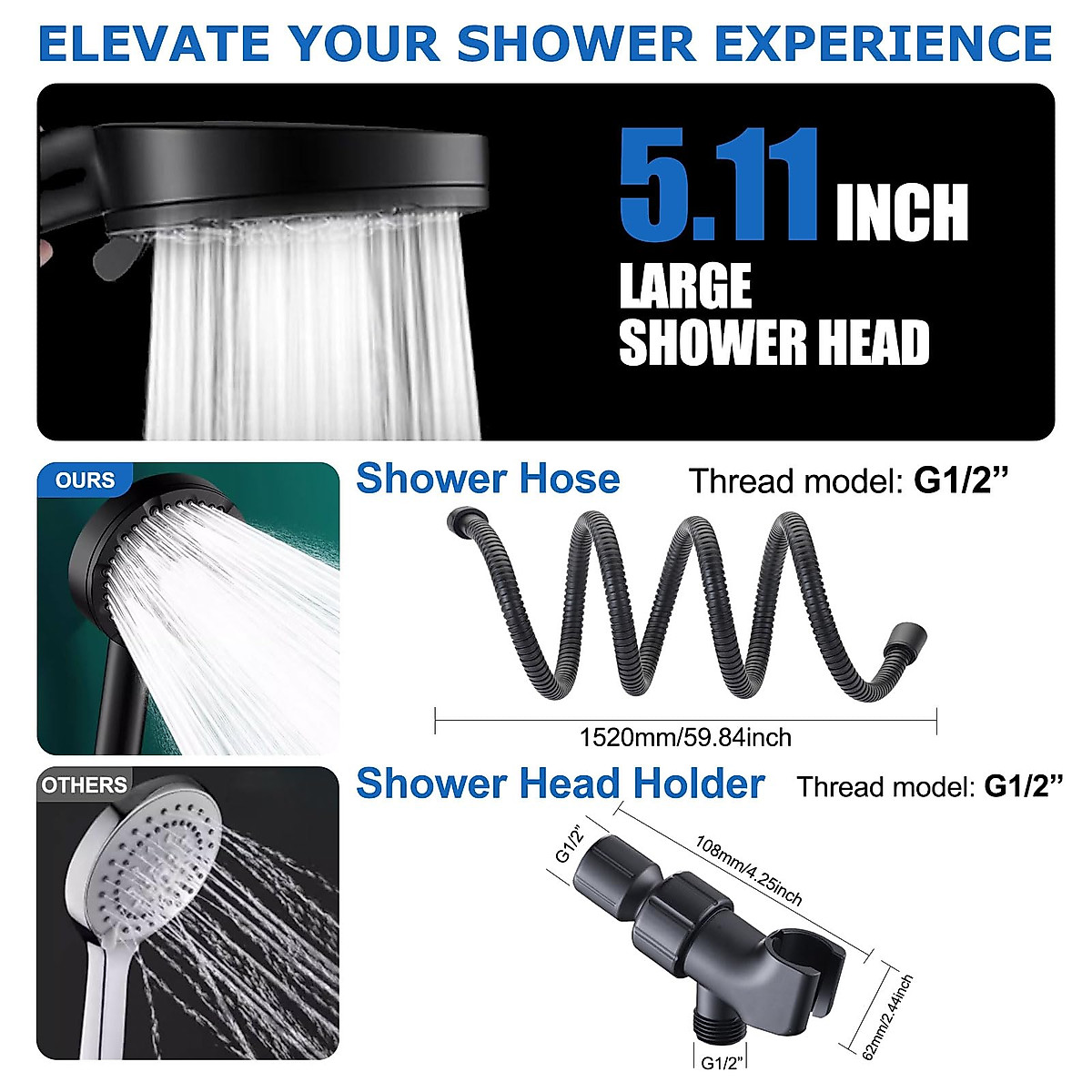 High Pressure Shower Head with Filters - 9 Spray Mode Shower Head with Filters, Shower Head Filter for Hard Water, Adjustable Bathroom Handheld Shower Head with Long Hose, Remove Chlorine