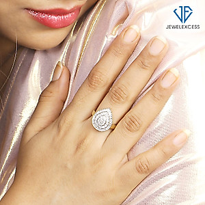 JEWELEXCESS White Diamond 1 Carat Ring with Sterling Silver or 14K Gold over Silver for Women & Girls | Teardrop Halo Promise Ring with Round & Baguette Cut Diamonds