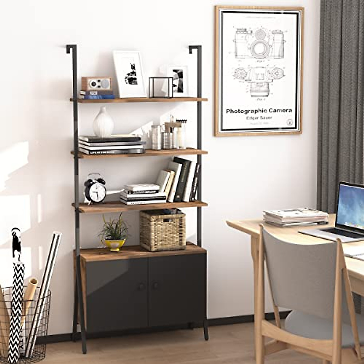 Usinso Wood Metal Ladder Bookshelf, Industrial 4-Tier Black Bookcase with Wide Storage Cabinet, Rutic Brown and Black Bookshelf for Living Room, Shelves for Storage Bedroom, 30L x 13W x 70H Inch