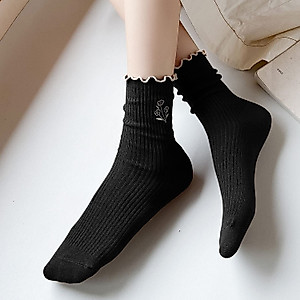 zrylibya Women's Ruffle Frilly Rib Knit Crew Socks Floral Embroidery Scalloped Pointelle Casual Ankle Socks 5 Pairs (Multicolor B)