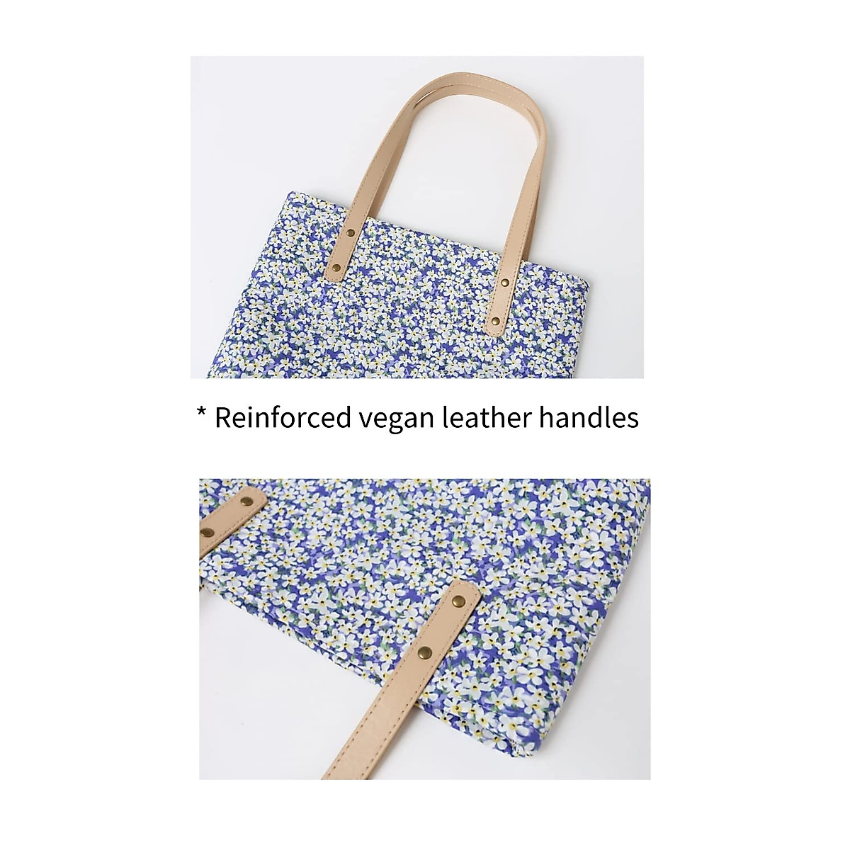 Jeelow Floral Cotton Canvas Tote Handbag with Vegan Leather Handles for Women - Lightweight Shoulder Bag Purse Snap Closure (Blue)