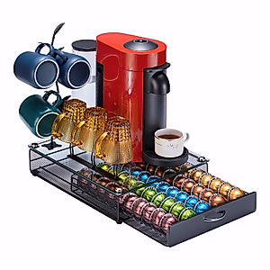 FlagShip for Nespresso Pod Holder Coffee Pod Storage for Vertuo Pod with Crystal Tempered Glass Top Mug Holder(50 Pods & 7 Mugs Capacity)