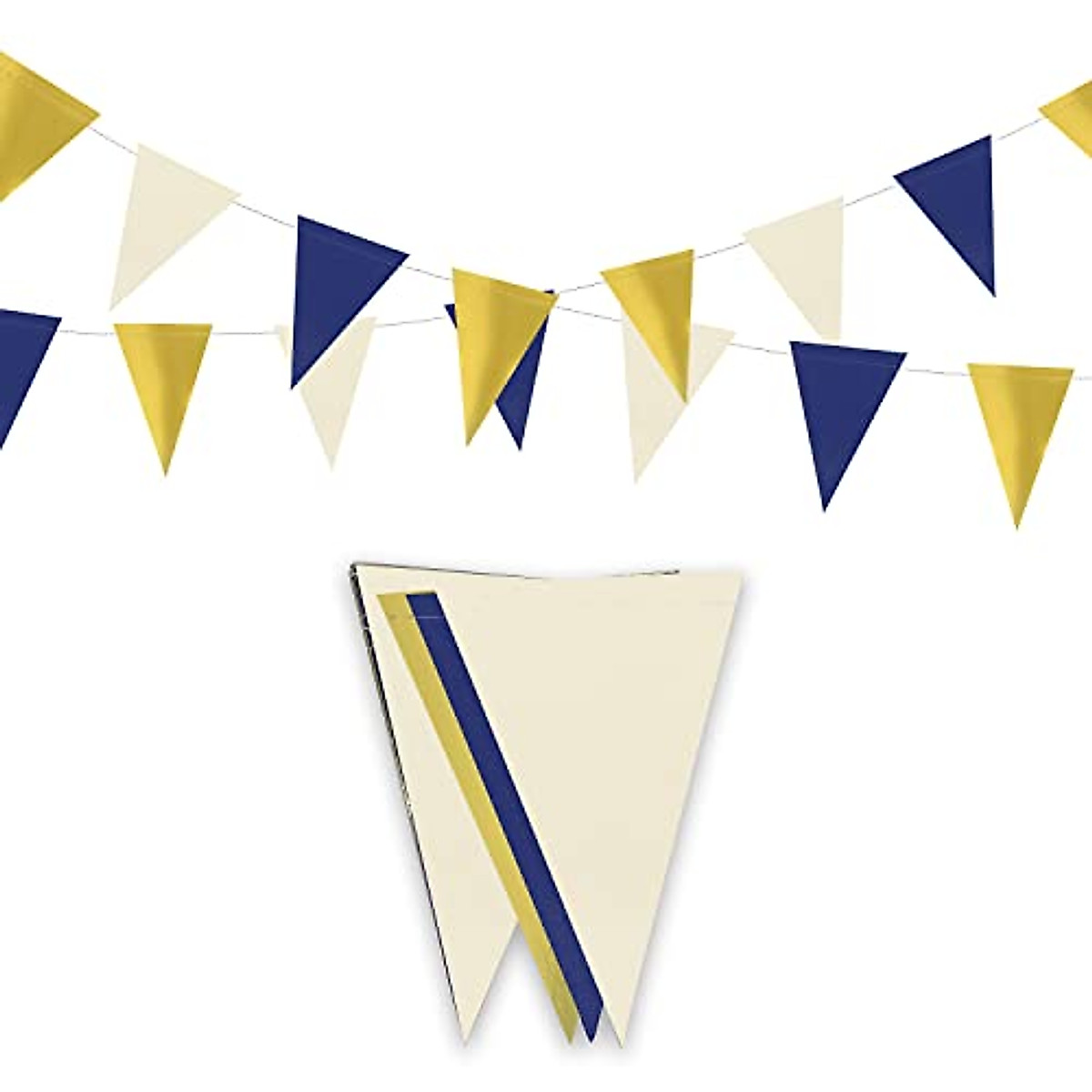 YSSAI 46 Ft Navy Blue Gold Beige Triangle Flag Bunting Banner Hanging Paper Pennant Banner Blue and Gold Party Decorations SA0029 0
