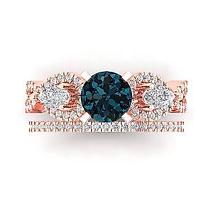 Clara Pucci 2ct Round Cut Solitaire 3 stone Natural London Blue Topaz Engagement Promise Anniversary Bridal Ring Band set 14k Rose Gold 7
