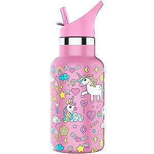 JEELA SPORTS Kids Water Bottle Stainless Steel with Straw -12 oz- Leak Proof & Double Wall Vacuum Kids Insulated Water Bottle, Toddler Water Bottles Kids, Pink