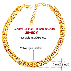 U7 Barefoot Jewelry 18K Gold Plated Cuban Chain Anklet Women/Men Foot Bracelet, 22-27 CM Long