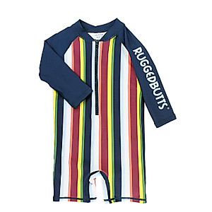 RUGGEDBUTTS Baby/Toddler Boy Swimsuit, One Piece Zipper Rash Guard Sunsuit with UPF 50+ Sun Protection - Sunset Stripe - 12-18m
