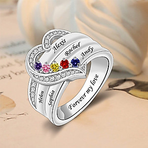 MissNaNa Personalized Mothers Rings with Simulated Birthstones Engraved 1-8 Family Names Mother's Day Rings Custom Love Heart Family Rings for Women (5 birthstone)