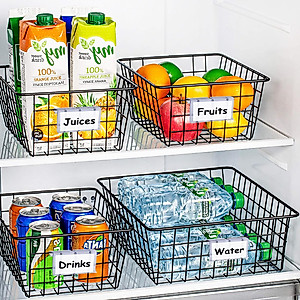 DR.DUDU 6 Pack Extra Large Wire Storage Baskets for Organizing with Lables, Metal Kitchen Organizers and Storage Baskets for Pantry Garage Freezer, Onion Potato Snack Storage Bins (Black)