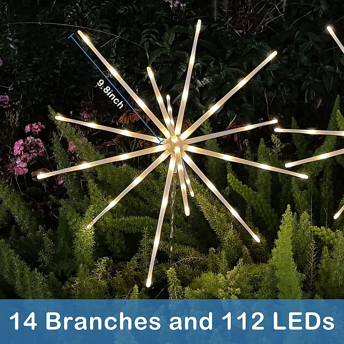2 Packs Outdoor Solar Firework Lights Solar Powered Starburst Lights LED String Lights with Remote, 8 Lighting Modes Star Lights, Christmas Decorative Hanging Lights for Party Wedding Patio Garden
